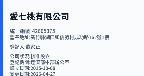愛七桃有限公司的照片-統編 42605375(新竹縣) 公司登記資料與營業項目詳細圖表