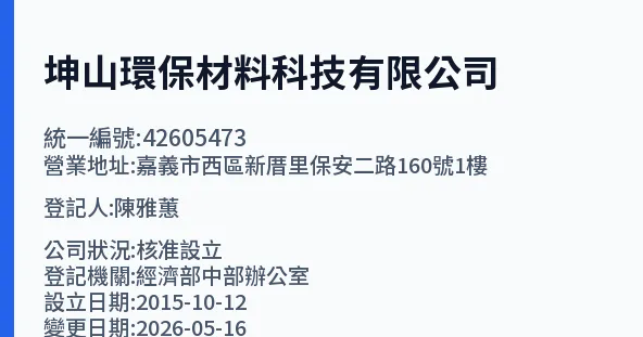 坤山環保材料科技有限公司的照片-統編 42605473(嘉義市) 公司登記資料與營業項目詳細圖表