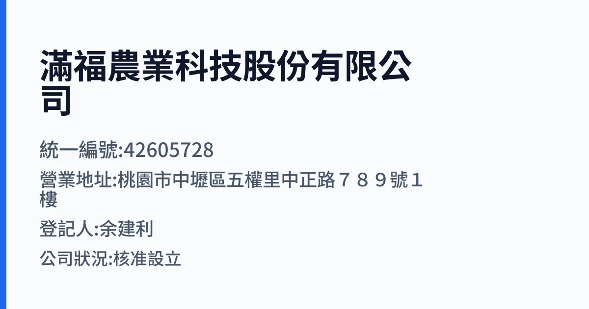 滿福農業科技股份有限公司 - 統編 42605728(桃園市) 公司登記資料與營業項目詳細圖表