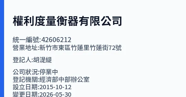 權利度量衡器有限公司的照片-統編 42606212(新竹市) 公司登記資料與營業項目詳細圖表