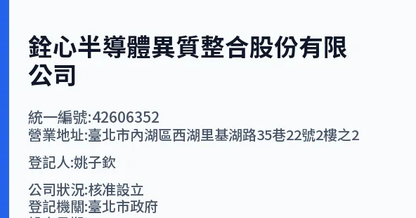 銓心半導體異質整合股份有限公司的照片-統編 42606352(臺北市) 公司登記資料與營業項目詳細圖表