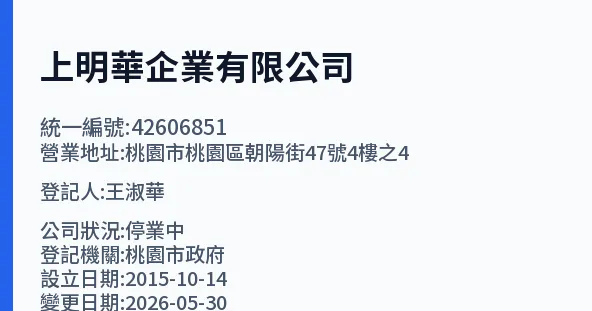 上明華企業有限公司的照片-統編 42606851(桃園市) 公司登記資料與營業項目詳細圖表