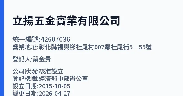 立揚五金實業有限公司的照片-統編 42607036(彰化縣) 公司登記資料與營業項目詳細圖表