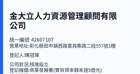 金大立人力資源管理顧問有限公司的照片-統編 42607107(彰化縣) 公司登記資料與營業項目詳細圖表