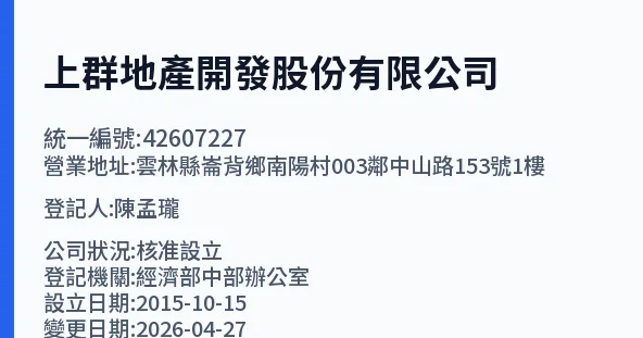 上群地產開發股份有限公司的照片-統編 42607227(雲林縣) 公司登記資料與營業項目詳細圖表