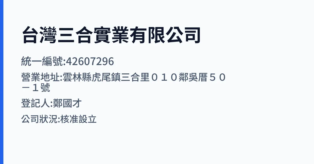 台灣三合實業有限公司 - 統編 42607296(雲林縣) 公司登記資料與營業項目詳細圖表