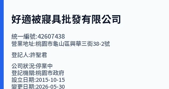 好適被寢具批發有限公司的照片-統編 42607438(桃園市) 公司登記資料與營業項目詳細圖表