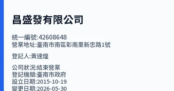 昌盛發有限公司的照片-統編 42608648(臺南市) 公司登記資料與營業項目詳細圖表