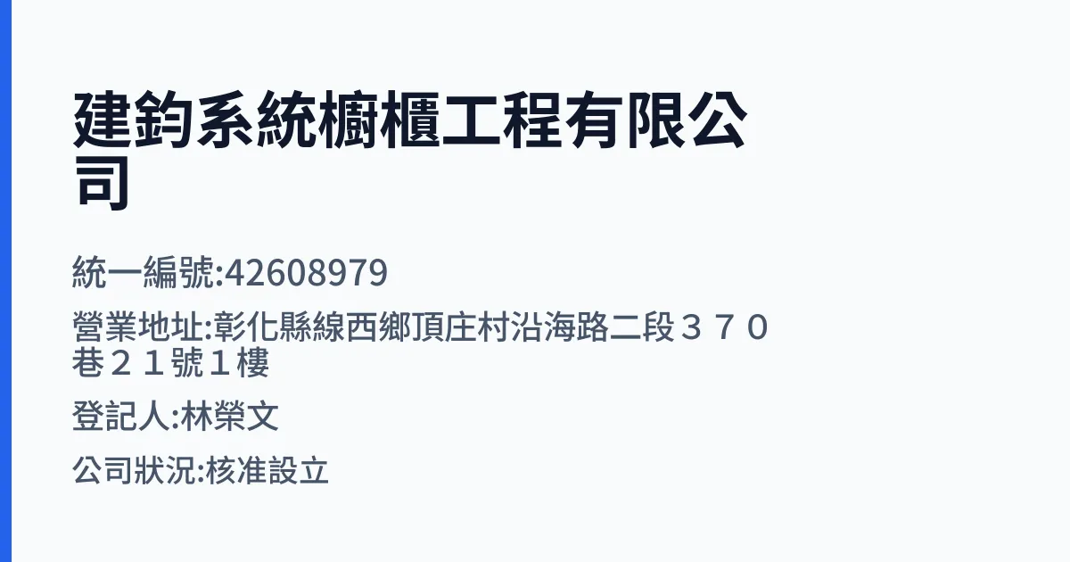 建鈞系統櫥櫃工程有限公司 - 統編 42608979(彰化縣) 公司登記資料與營業項目詳細圖表