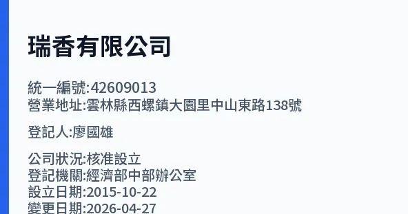 瑞香有限公司的照片-統編 42609013(雲林縣) 公司登記資料與營業項目詳細圖表
