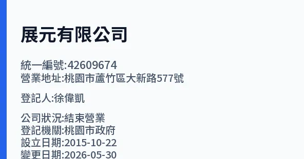 展元有限公司的照片-統編 42609674(桃園市) 公司登記資料與營業項目詳細圖表