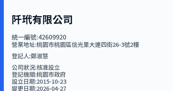 阡玳有限公司的照片-統編 42609920(桃園市) 公司登記資料與營業項目詳細圖表
