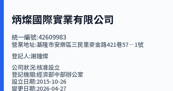 炳燦國際實業有限公司的照片-統編 42609983(基隆市) 公司登記資料與營業項目詳細圖表