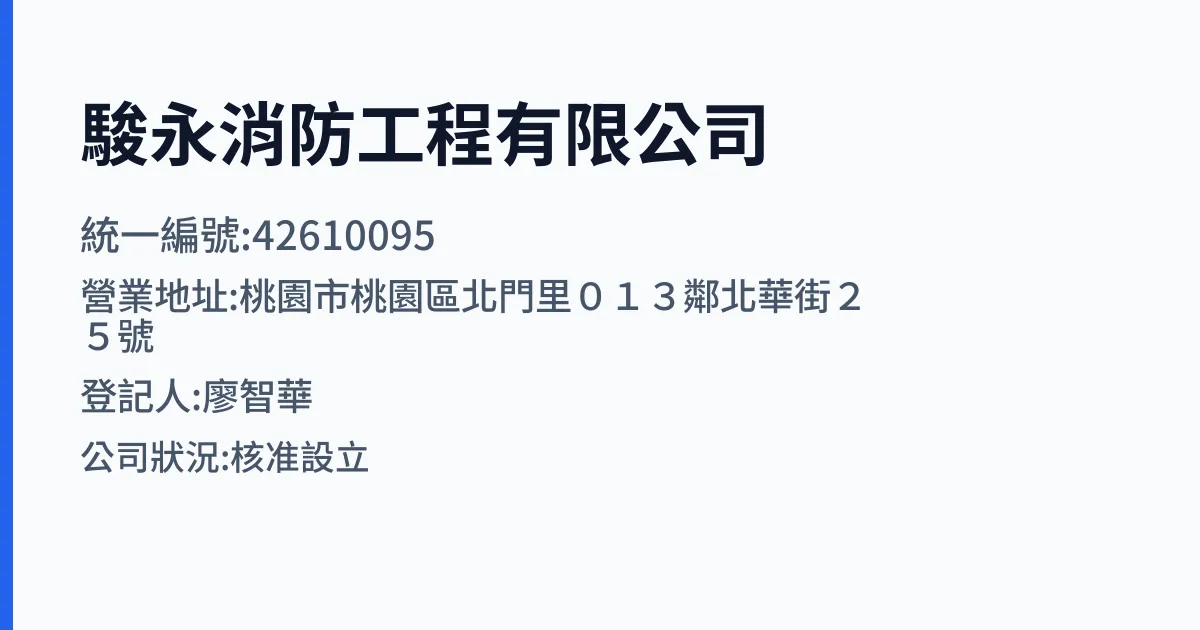 駿永消防工程有限公司 - 統編 42610095(桃園市) 公司登記資料與營業項目詳細圖表