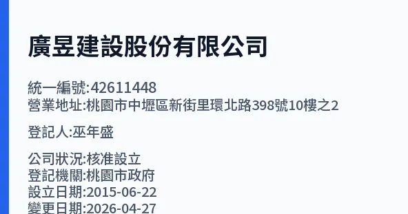 廣昱建設股份有限公司的照片-統編 42611448(桃園市) 公司登記資料與營業項目詳細圖表