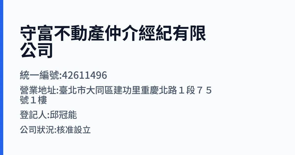 守富不動產仲介經紀有限公司 - 統編 42611496(臺北市) 公司登記資料與營業項目詳細圖表