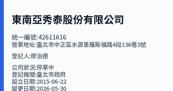 東南亞秀泰股份有限公司的照片-統編 42611616(臺北市) 公司登記資料與營業項目詳細圖表