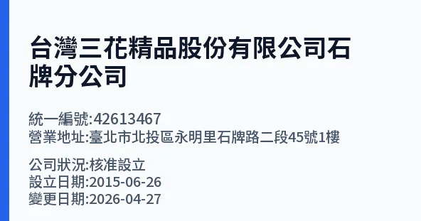 台灣三花精品股份有限公司石牌分公司的照片-統編 42613467(臺北市) 公司登記資料與營業項目詳細圖表