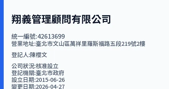 翔義管理顧問有限公司的照片-統編 42613699(臺北市) 公司登記資料與營業項目詳細圖表