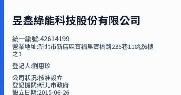 昱鑫綠能科技股份有限公司的照片-統編 42614199(新北市) 公司登記資料與營業項目詳細圖表