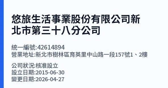 悠旅生活事業股份有限公司新北市第三十八分公司的照片-統編 42614894(新北市) 公司登記資料與營業項目詳細圖表