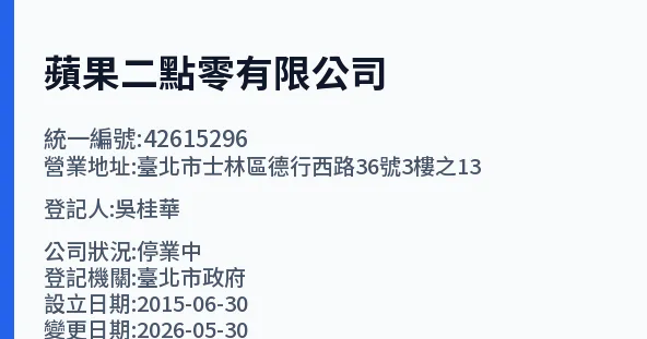 蘋果二點零有限公司的照片-統編 42615296(臺北市) 公司登記資料與營業項目詳細圖表