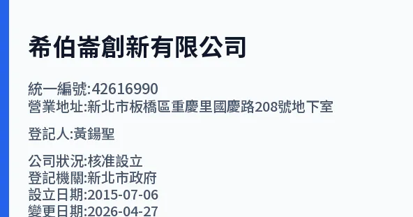希伯崙創新有限公司的照片-統編 42616990(新北市) 公司登記資料與營業項目詳細圖表