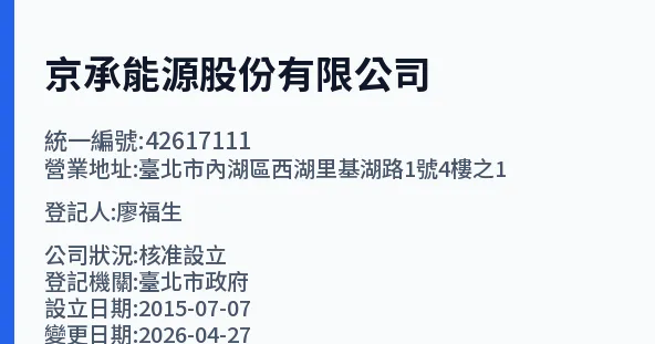 京承能源股份有限公司的照片-統編 42617111(臺北市) 公司登記資料與營業項目詳細圖表