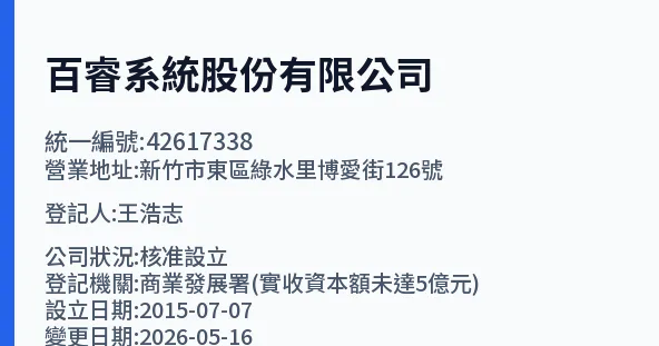 百睿系統股份有限公司的照片-統編 42617338(新竹市) 公司登記資料與營業項目詳細圖表
