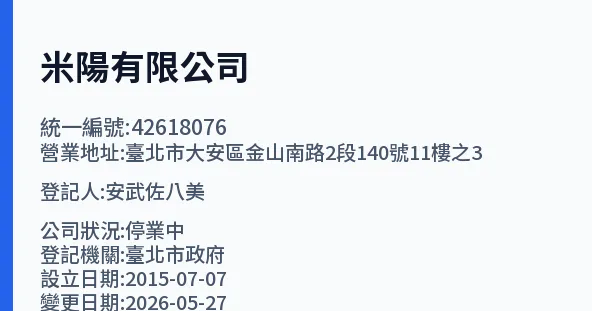 米陽有限公司的照片-統編 42618076(臺北市) 公司登記資料與營業項目詳細圖表