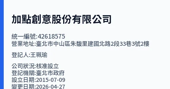 加點創意股份有限公司的照片-統編 42618575(臺北市) 公司登記資料與營業項目詳細圖表