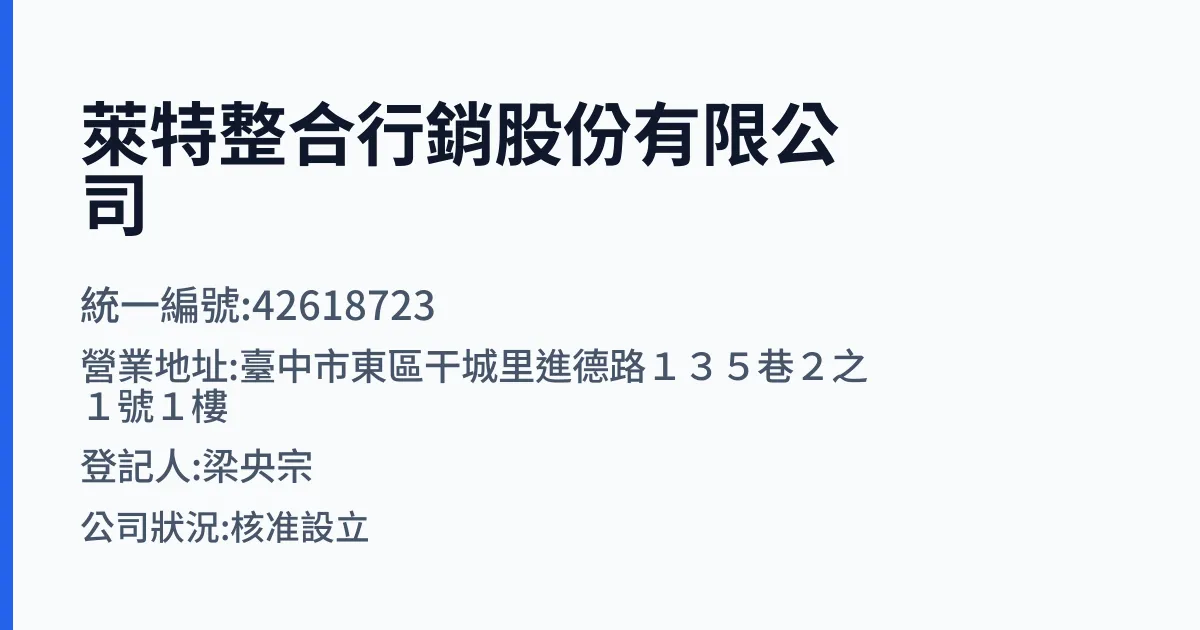 萊特整合行銷股份有限公司 - 統編 42618723(臺中市) 公司登記資料與營業項目詳細圖表