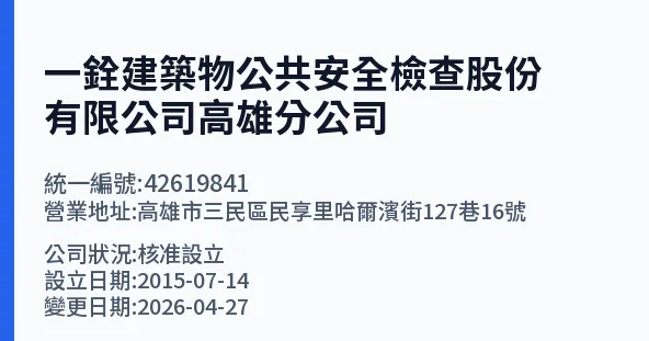 一銓建築物公共安全檢查股份有限公司高雄分公司的照片-統編 42619841(高雄市) 公司登記資料與營業項目詳細圖表