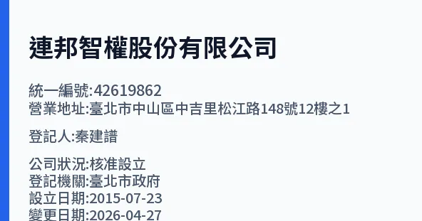 連邦智權股份有限公司的照片-統編 42619862(臺北市) 公司登記資料與營業項目詳細圖表