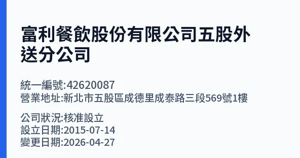 富利餐飲股份有限公司五股外送分公司的照片-統編 42620087(新北市) 公司登記資料與營業項目詳細圖表
