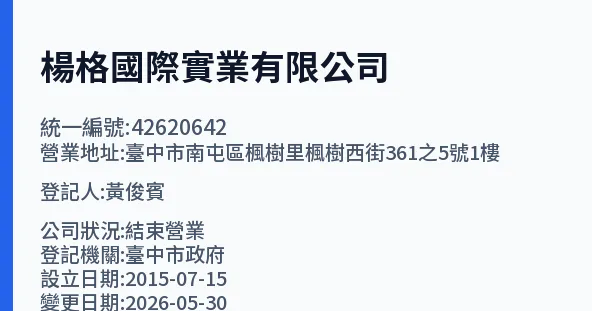 楊格國際實業有限公司的照片-統編 42620642(臺中市) 公司登記資料與營業項目詳細圖表