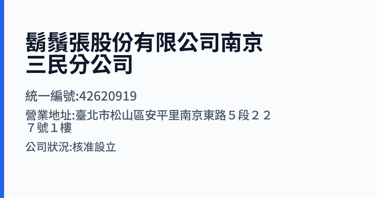 鬍鬚張股份有限公司南京三民分公司 - 統編 42620919(臺北市) 公司登記資料與營業項目詳細圖表