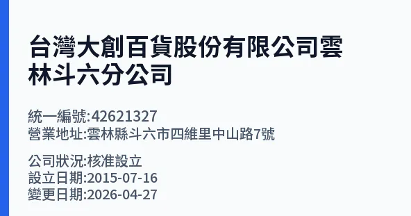 台灣大創百貨股份有限公司雲林斗六分公司的照片-統編 42621327(雲林縣) 公司登記資料與營業項目詳細圖表
