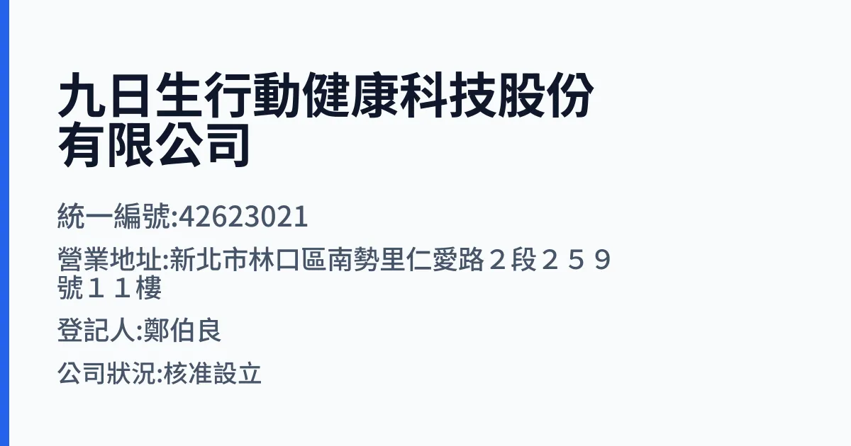 九日生行動健康科技股份有限公司 - 統編 42623021(新北市) 公司登記資料與營業項目詳細圖表