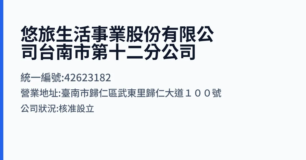悠旅生活事業股份有限公司台南市第十二分公司 - 統編 42623182(臺南市) 公司登記資料與營業項目詳細圖表