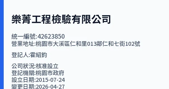 樂菁工程檢驗有限公司的照片-統編 42623850(桃園市) 公司登記資料與營業項目詳細圖表