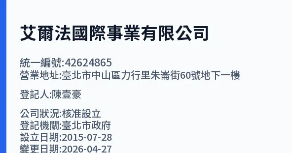 艾爾法國際事業有限公司的照片-統編 42624865(臺北市) 公司登記資料與營業項目詳細圖表