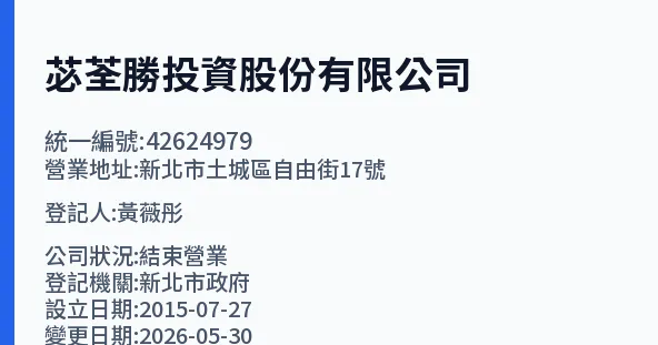 苾荃勝投資股份有限公司的照片-統編 42624979(新北市) 公司登記資料與營業項目詳細圖表
