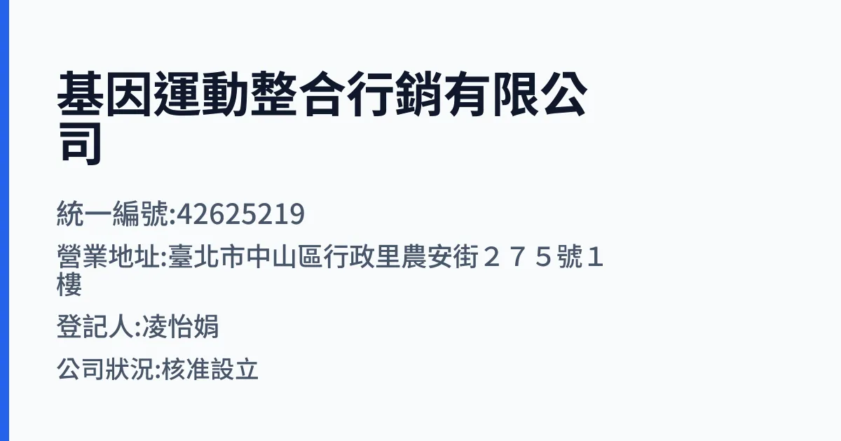 基因運動整合行銷有限公司 - 統編 42625219(臺北市) 公司登記資料與營業項目詳細圖表