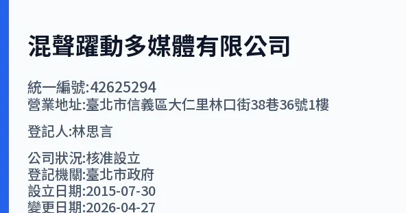 混聲躍動多媒體有限公司的照片-統編 42625294(臺北市) 公司登記資料與營業項目詳細圖表