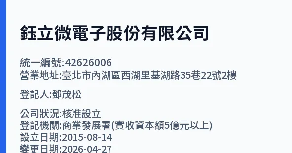 鈺立微電子股份有限公司的照片-統編 42626006(臺北市) 公司登記資料與營業項目詳細圖表