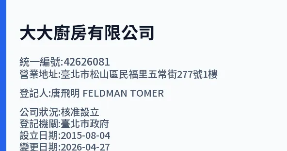 大大廚房有限公司的照片-統編 42626081(臺北市) 公司登記資料與營業項目詳細圖表