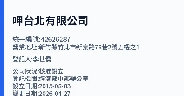 呷台北有限公司的照片-統編 42626287(新竹縣) 公司登記資料與營業項目詳細圖表