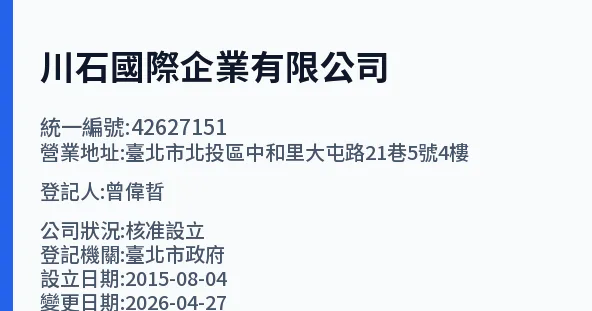 川石國際企業有限公司的照片-統編 42627151(臺北市) 公司登記資料與營業項目詳細圖表