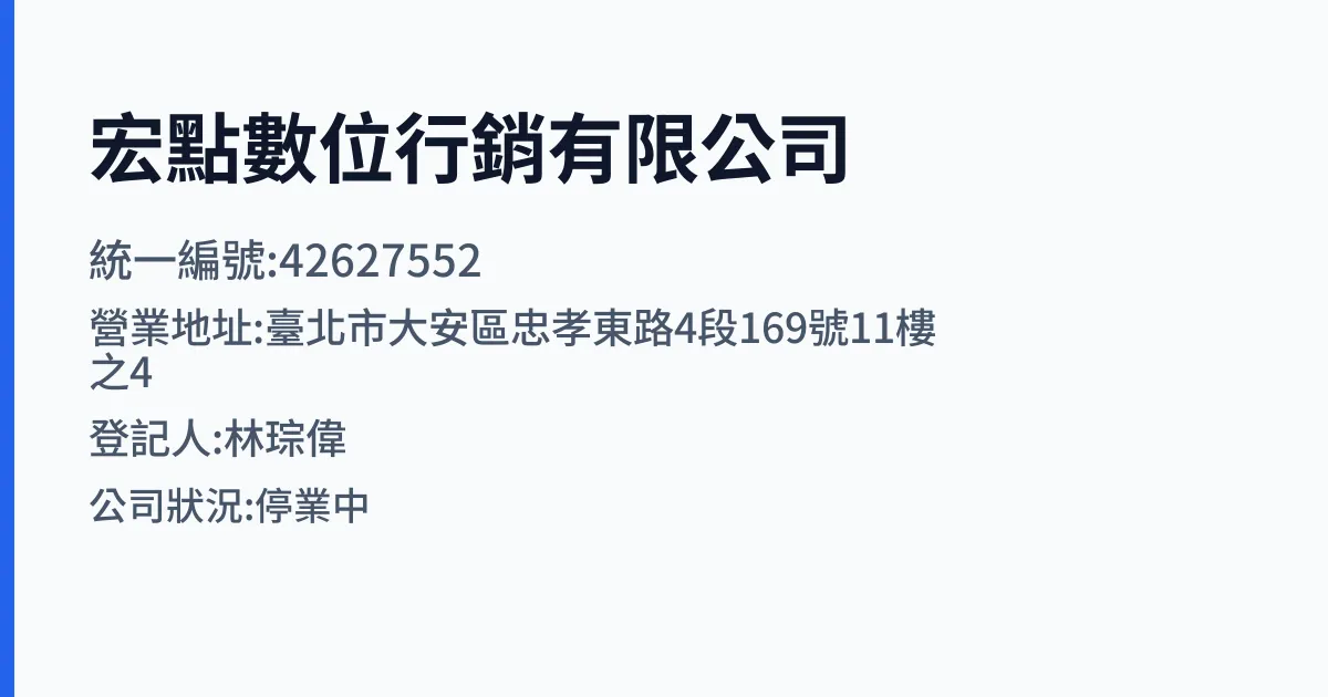 宏點數位行銷有限公司 - 統編 42627552(臺北市) 公司登記資料與營業項目詳細圖表